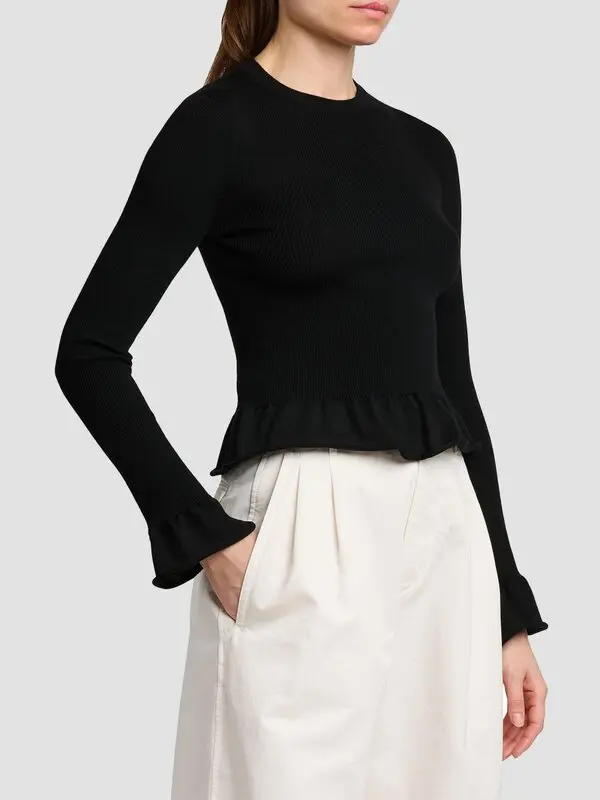 JIL SANDER Wool Flared-trim Slim-fit Crewneck Sweater - Black