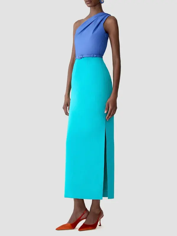 Carolina Herrera Colorblocked Silk Draped Shoulder Sheath Gown