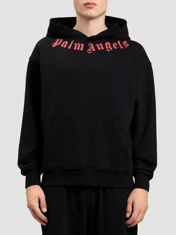 Palm Angels Logo Neck Cotton Hoodie - Black Red