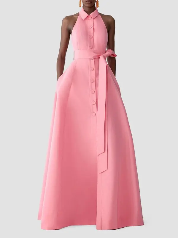 Carolina Herrera Collared Halter Silk A-line Gown