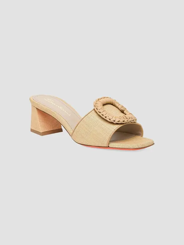 Santoni Marta 50mm Raffia & Leather Buckle Mules