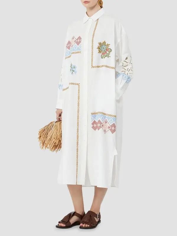 Max Mara Poplin Shirt Dress With Embroideries - White