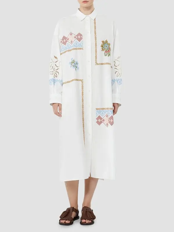 Max Mara Poplin Shirt Dress With Embroideries - White