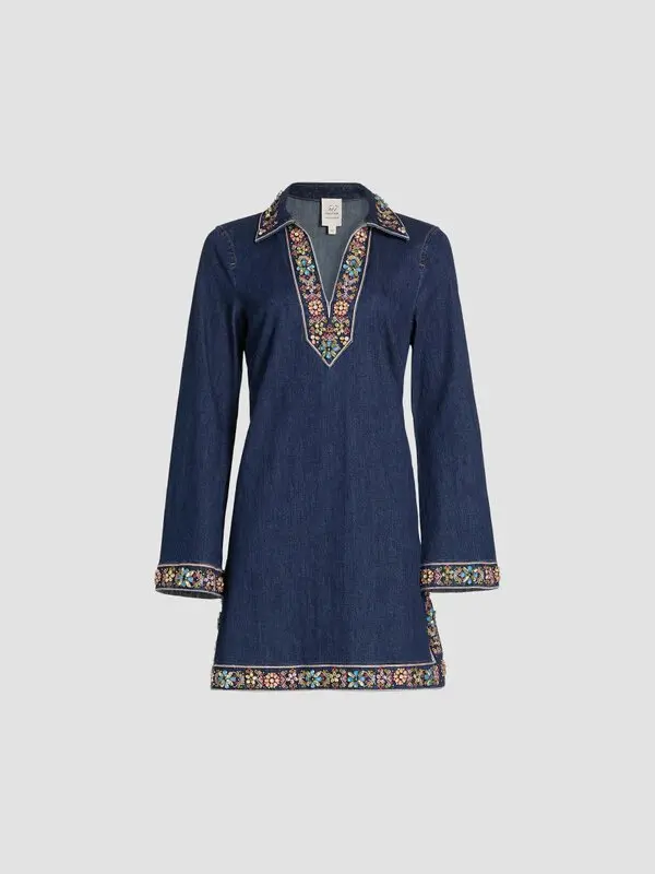 Cinq À Sept Pierson Beaded Embellished Denim Mini-shirtdress