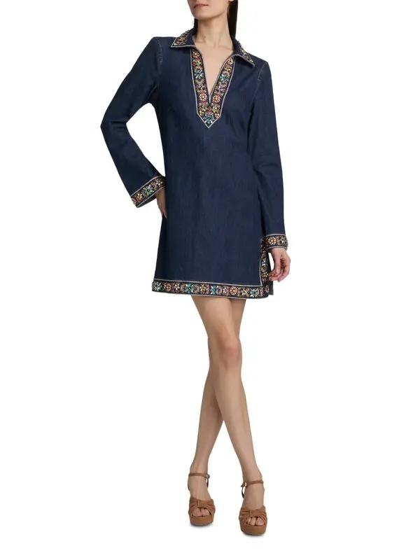 Cinq À Sept Pierson Beaded Embellished Denim Mini-shirtdress