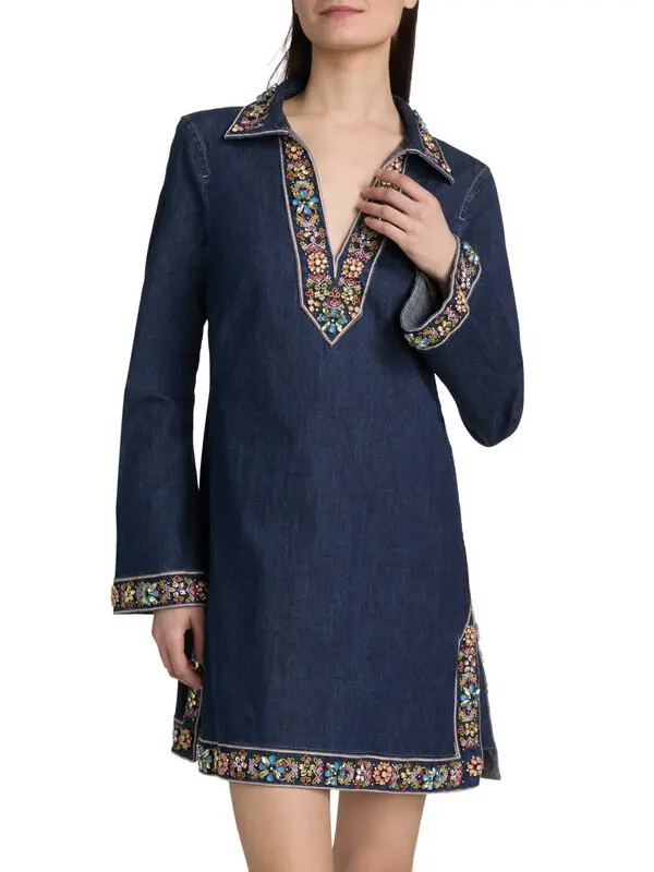 Cinq À Sept Pierson Beaded Embellished Denim Mini-shirtdress