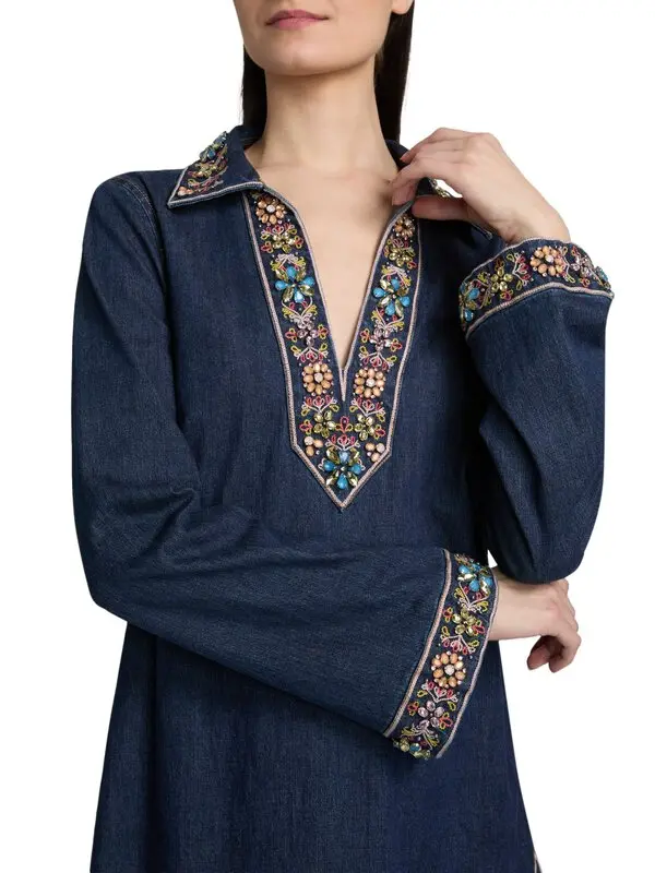 Cinq À Sept Pierson Beaded Embellished Denim Mini-shirtdress
