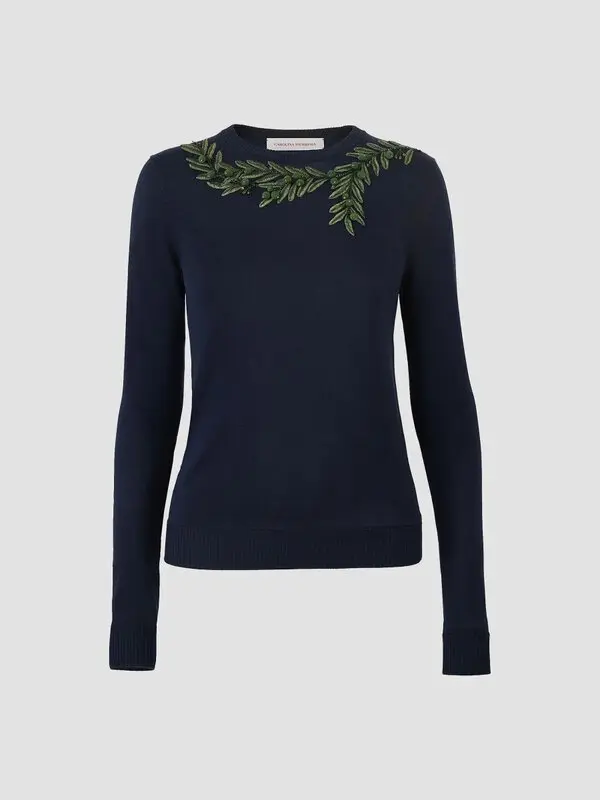 Carolina Herrera Leaf Embroidered Silk-cotton Sweater - Midnight Multi