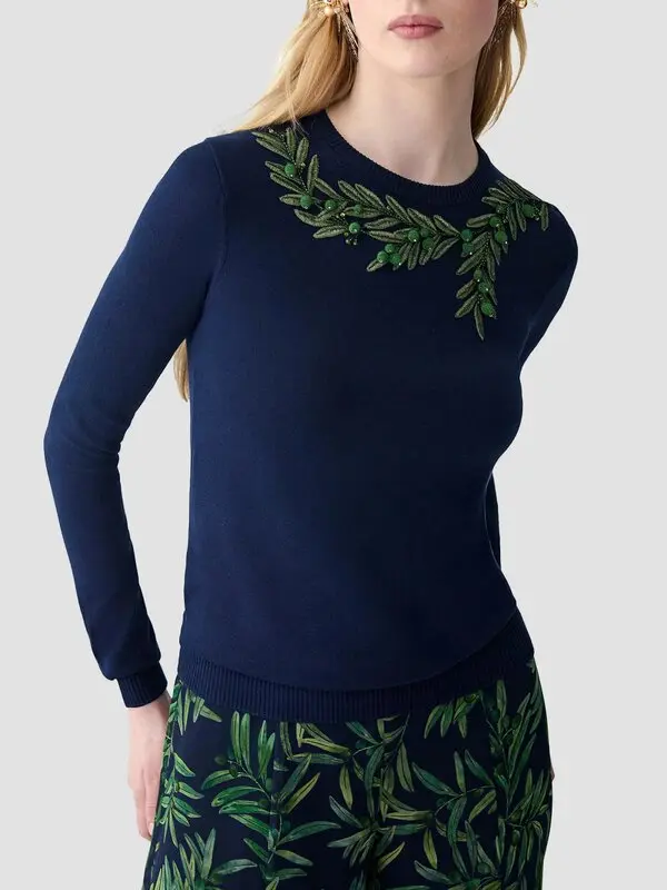 Carolina Herrera Leaf Embroidered Silk-cotton Sweater