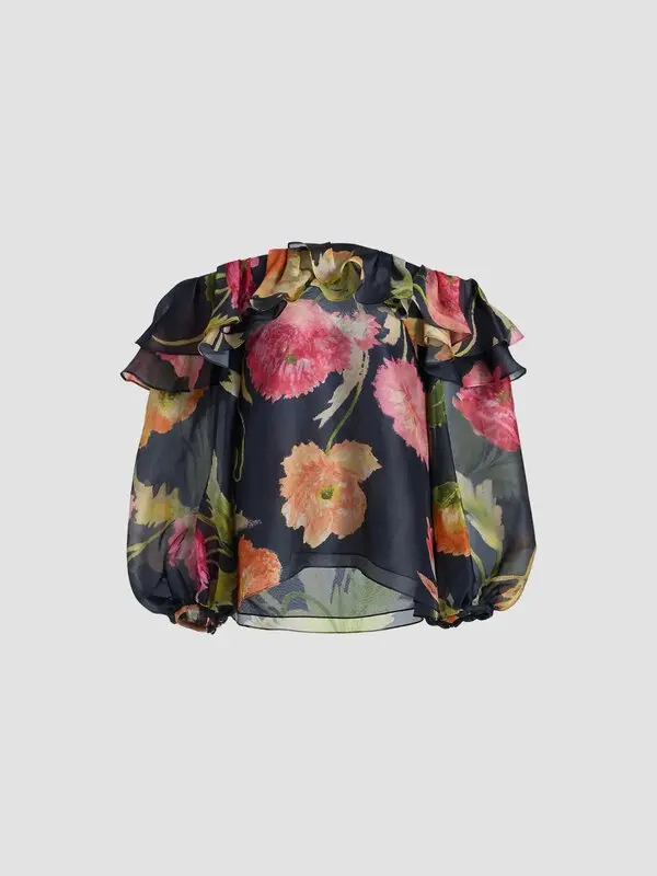 Carolina Herrera Floral Silk Organza Puff-sleeve Blouse