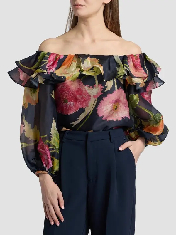 Carolina Herrera Floral Silk Organza Puff-sleeve Blouse