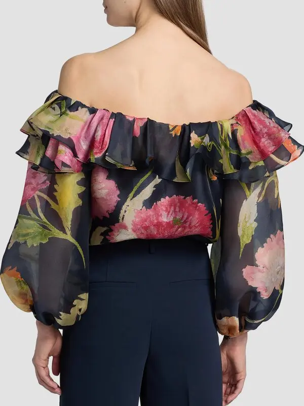 Carolina Herrera Floral Silk Organza Puff-sleeve Blouse