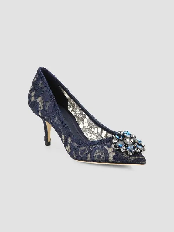 Dolce & Gabbana Embellished Lace Point Toe Pumps - Navy
