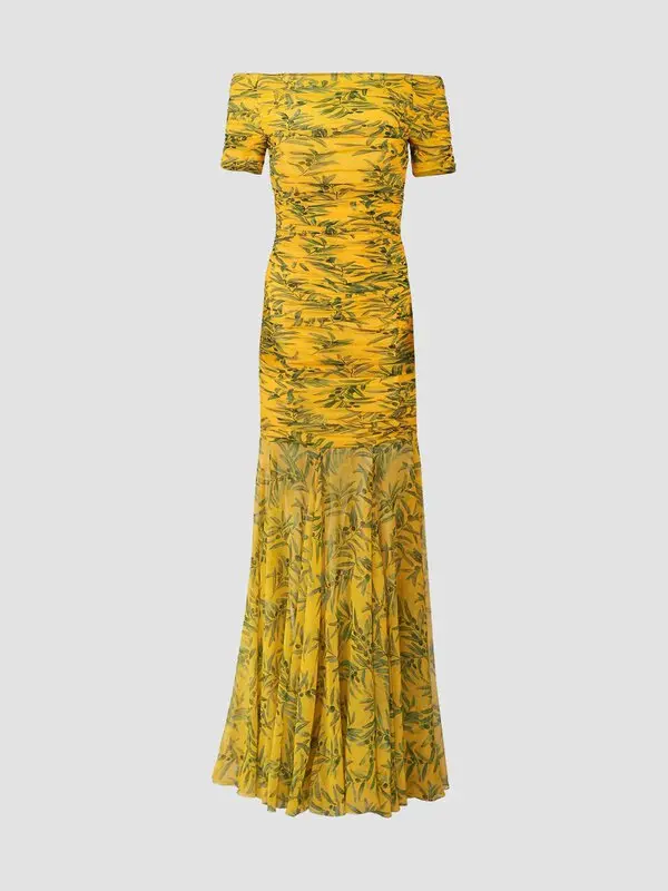 Carolina Herrera Olive Branch Off-the-shoulder Gathered Silk Gown