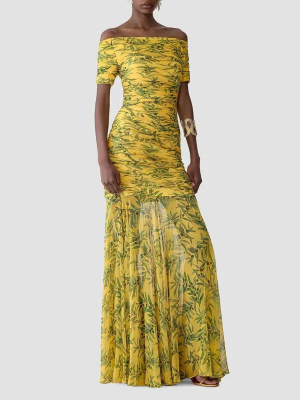 Carolina Herrera Olive Branch Off-the-shoulder Gathered Silk Gown