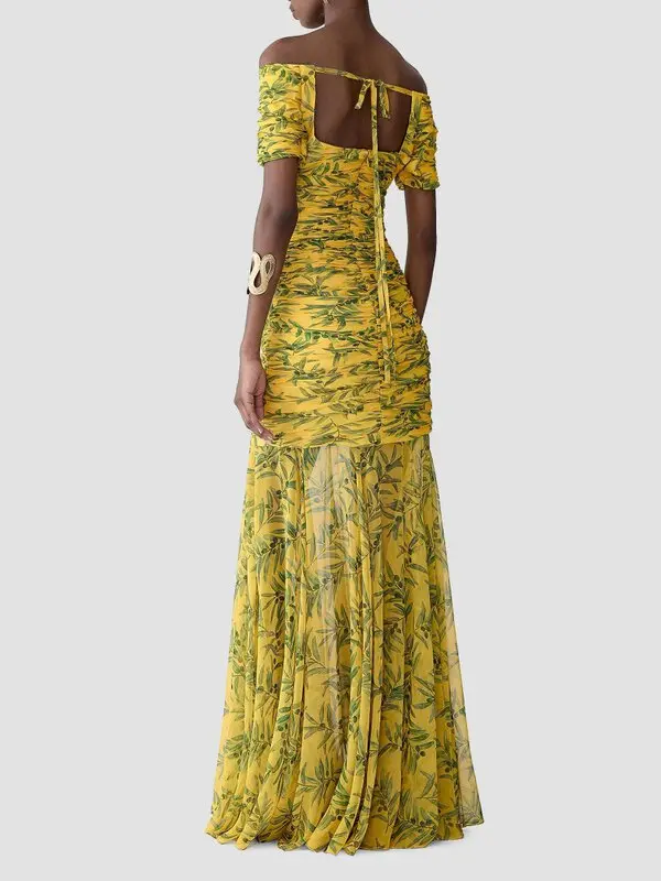 Carolina Herrera Olive Branch Off-the-shoulder Gathered Silk Gown