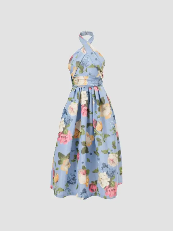 Carolina Herrera Cabana Floral Crossed Halterneck Midi-dress - Cloudy Blue Multi