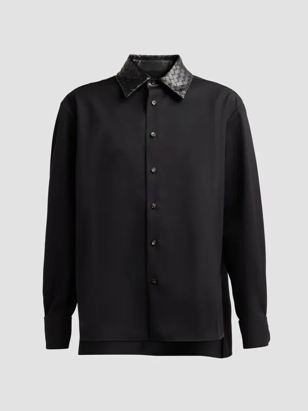 Bottega Veneta Intrecciato Leather Collar Wool Shirt