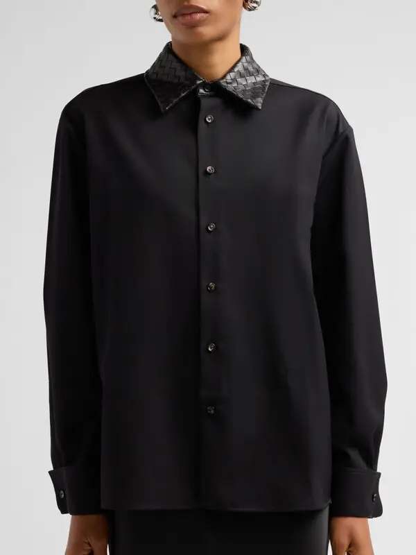 Bottega Veneta Intrecciato Leather Collar Wool Shirt