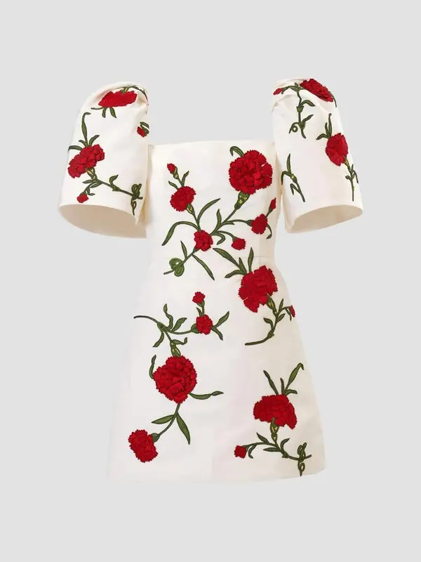 Carolina Herrera Carnation-embroidered Silk Puff-sleeve Minidress - Ivory Multi
