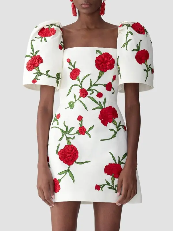 Carolina Herrera Carnation-embroidered Silk Puff-sleeve Minidress