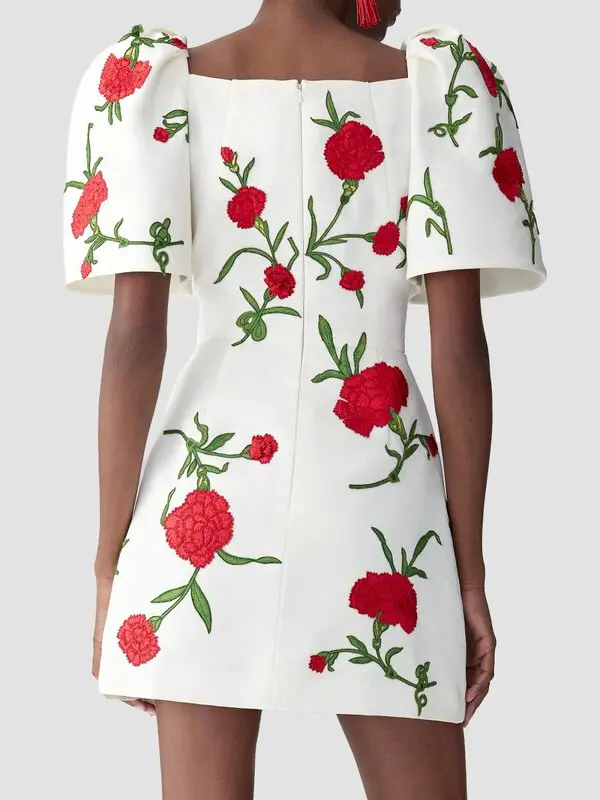 Carolina Herrera Carnation-embroidered Silk Puff-sleeve Minidress