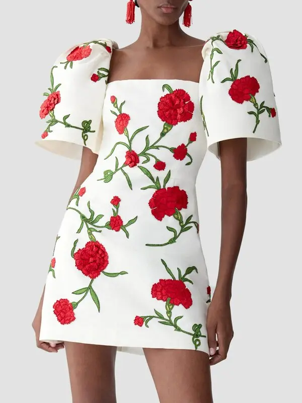 Carolina Herrera Carnation-embroidered Silk Puff-sleeve Minidress