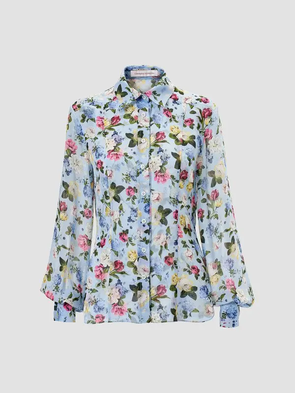 Carolina Herrera Cabana Isabella Floral Silk Shirt - Cloudy Blue Multi