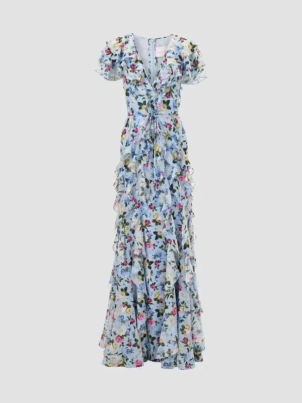 Carolina Herrera Cabana Ruffled V-neck Short-sleeve Maxi Dress - Cloudy Blue Multi