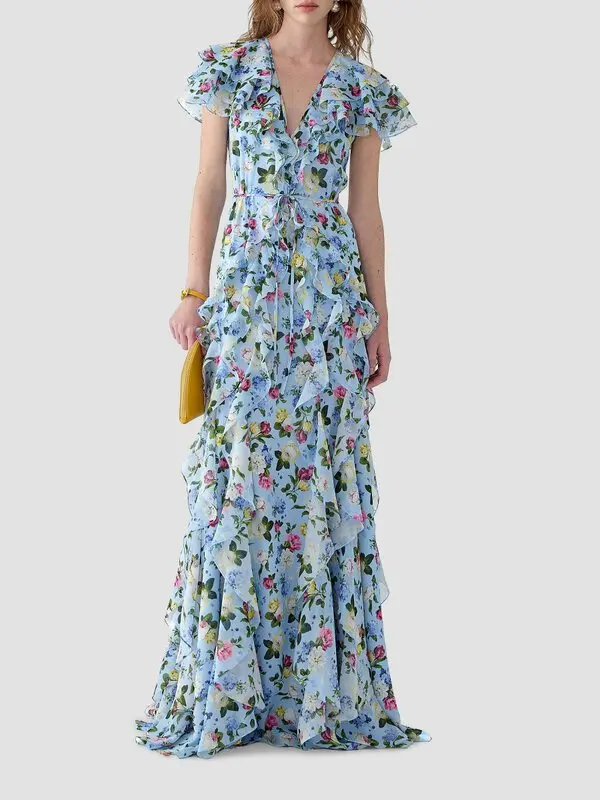 Carolina Herrera Cabana Ruffled V-neck Short-sleeve Maxi Dress