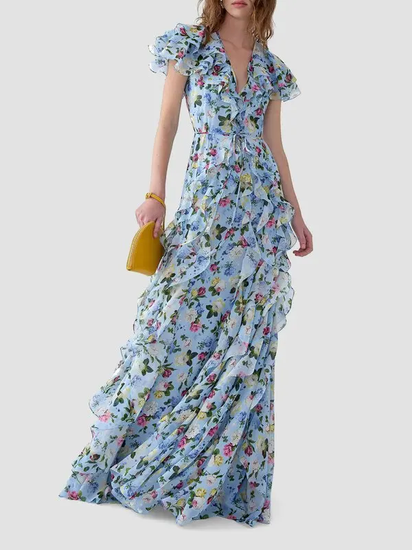 Carolina Herrera Cabana Ruffled V-neck Short-sleeve Maxi Dress