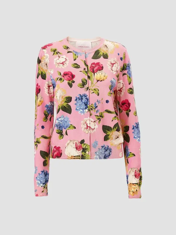 Carolina Herrera Cabana Floral Crewneck Long-sleeve Cardigan - Rosewater Multi