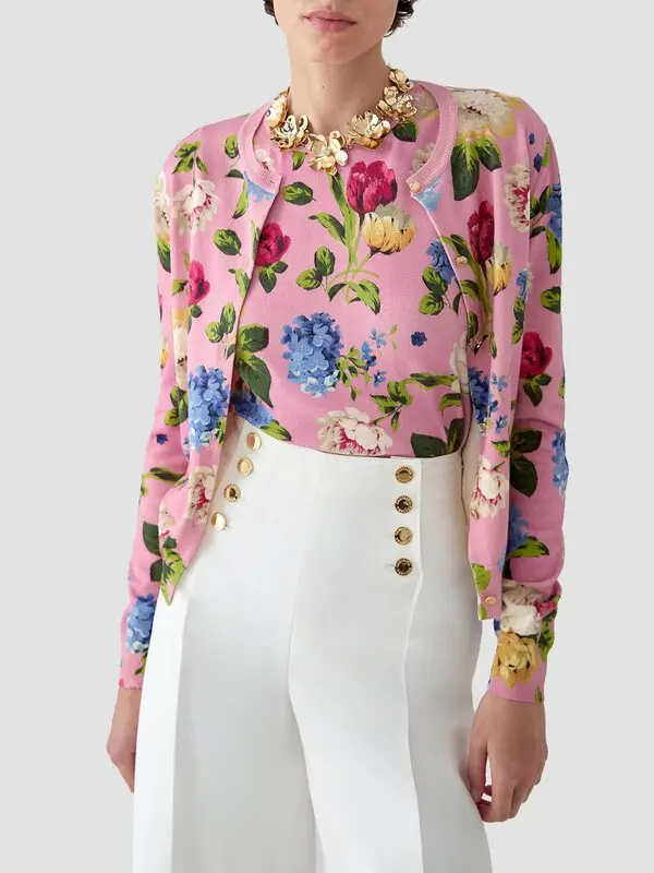 Carolina Herrera Cabana Floral Crewneck Long-sleeve Cardigan