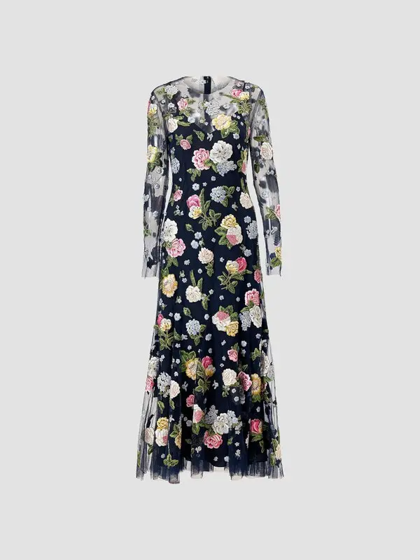 Carolina Herrera Cabana Sheer Floral Embrodiered Midi-dress - Midnight