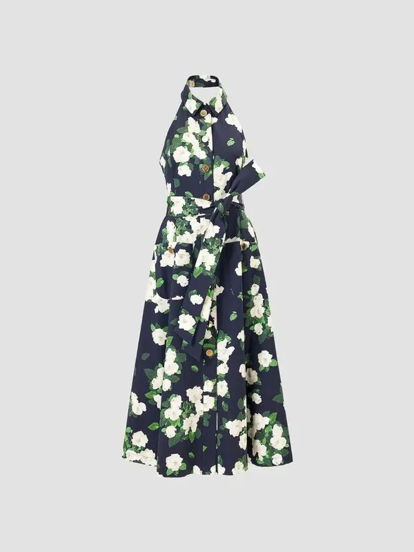 Carolina Herrera Cabana Floral Halterneck Button-front Cotton-blend Midi-dress - Midnight Multi