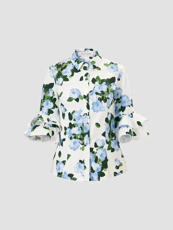 Carolina Herrera Cabana Floral Ruffle-sleeve Stretch-cotton Top - White Multi