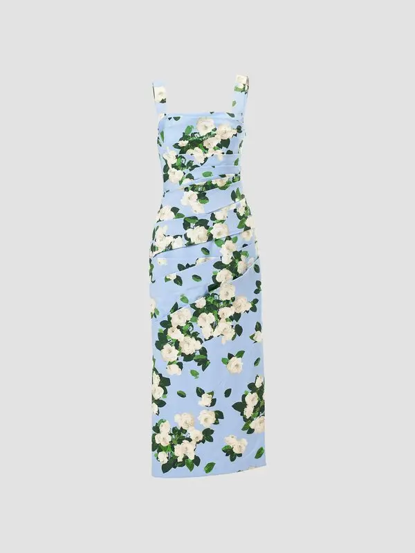 Carolina Herrera Cabana Floral Draped Thick-strap Cotton-blend Midi-dress - Cloudy Blue Multi