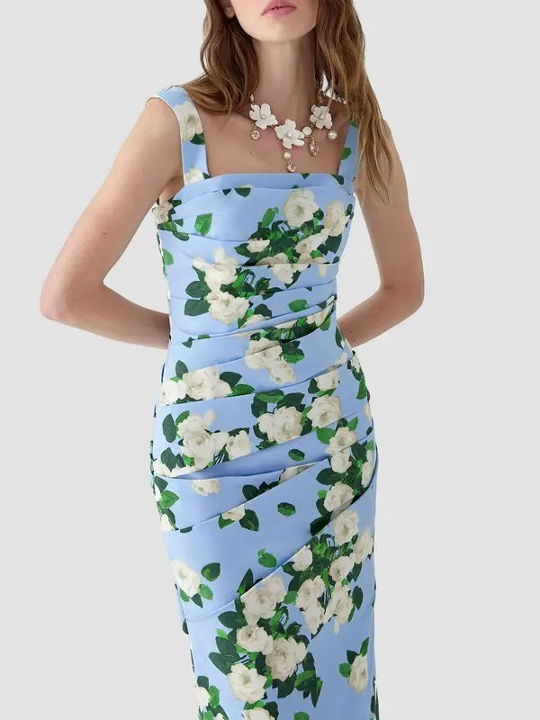 Carolina Herrera Cabana Floral Draped Thick-strap Cotton-blend Midi-dress