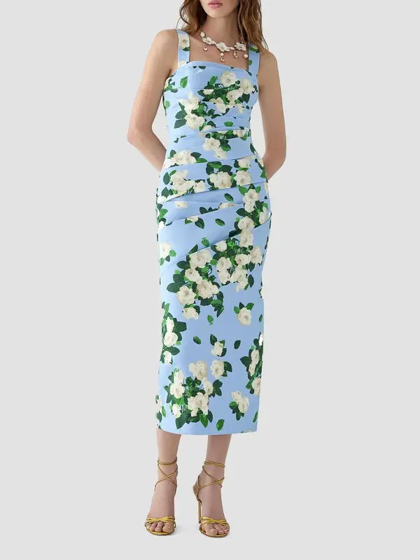 Carolina Herrera Cabana Floral Draped Thick-strap Cotton-blend Midi-dress
