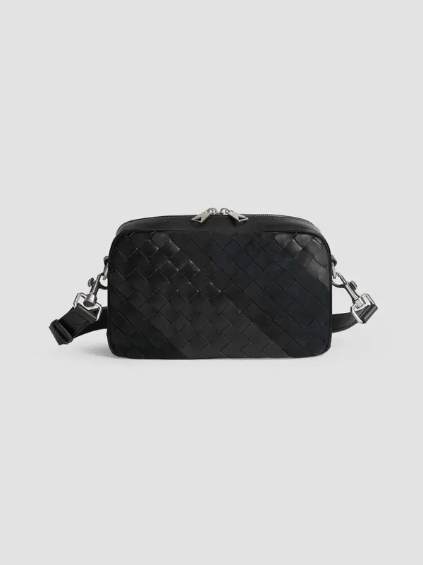 Bottega Veneta Small Intrecciato Leather & Suede Crossbody Camera Bag - Black Silver