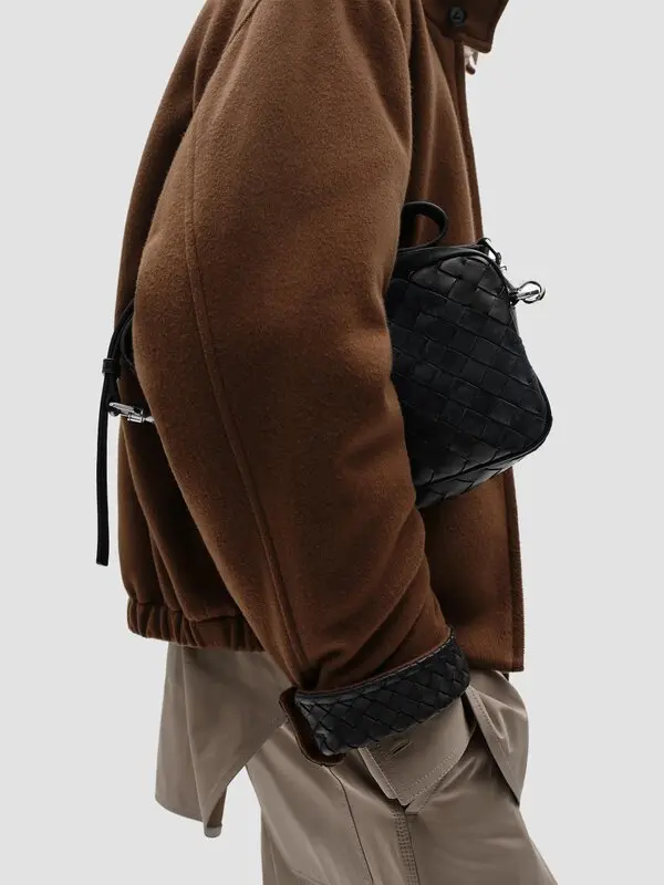 Bottega Veneta Small Intrecciato Leather & Suede Crossbody Camera Bag - Black Silver