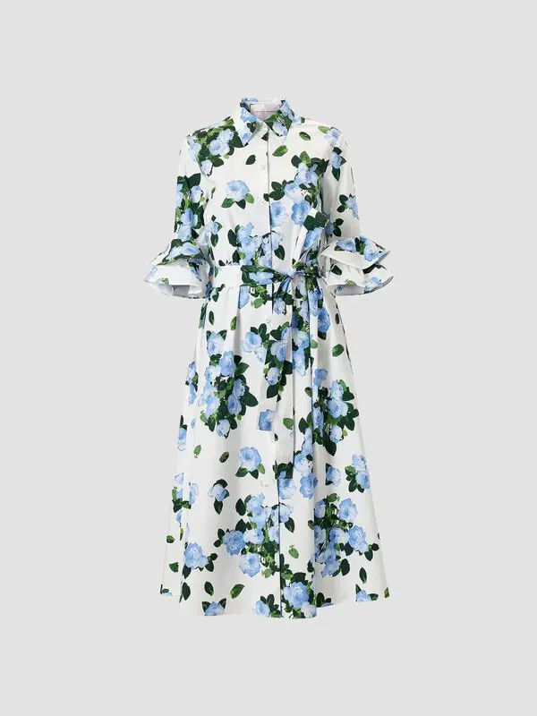 Carolina Herrera Cabana Floral Belted Ruffle-sleeve Shirtdress - White Multi