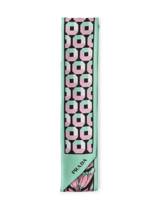 Prada Skinny Printed Silk Twill Rectangular Scarf - Green