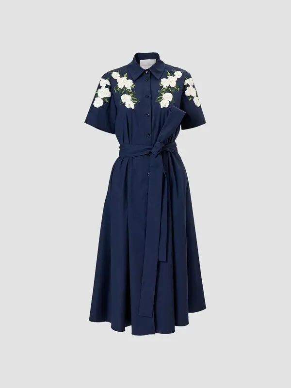 Carolina Herrera Cabana Embroidered Short-sleeve Midi Shirtdress - Midnight