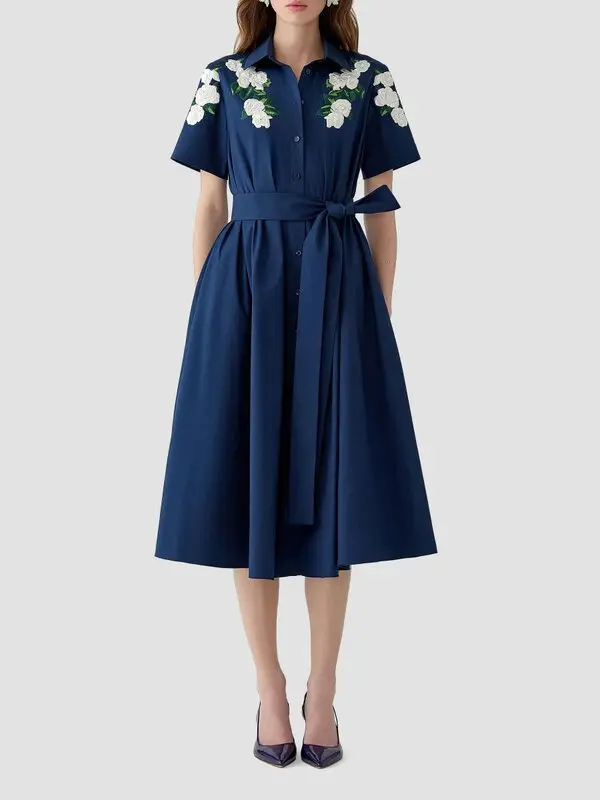 Carolina Herrera Cabana Embroidered Short-sleeve Midi Shirtdress