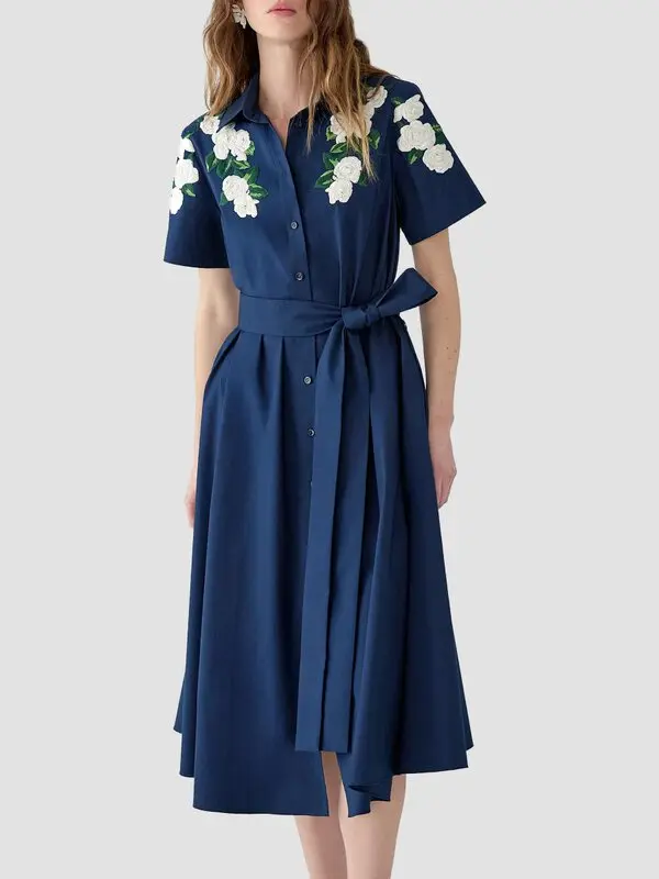 Carolina Herrera Cabana Embroidered Short-sleeve Midi Shirtdress