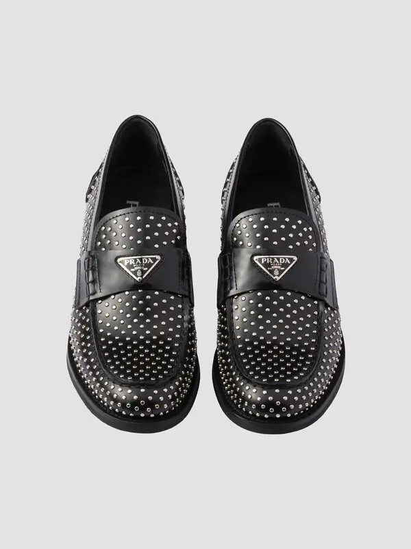 Prada Studded Brushed Leather Loafers