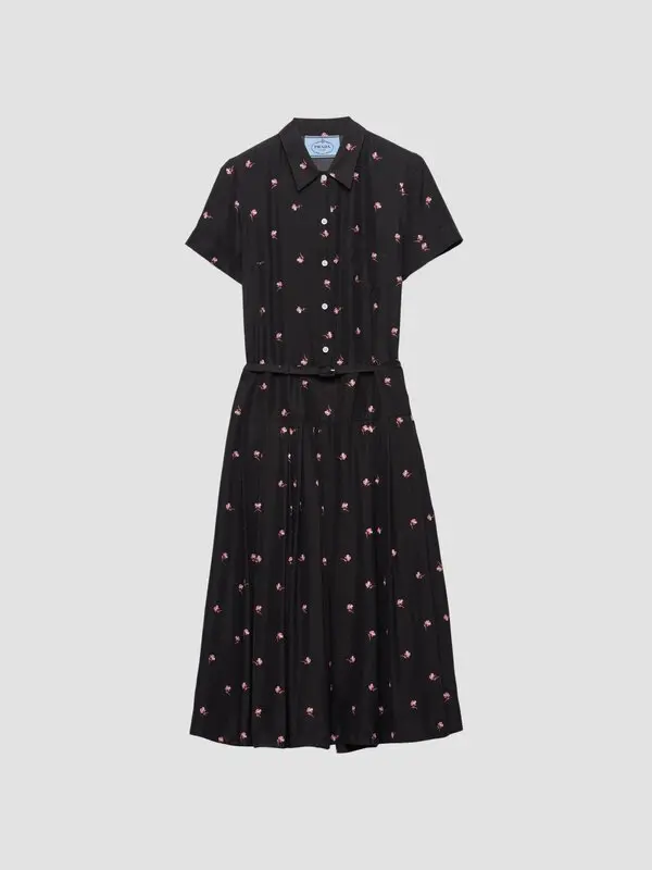 Prada Floral Print Washed Silk Dress - Black Multi