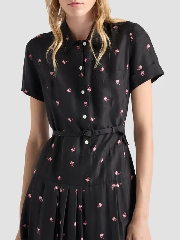 Prada Floral Print Washed Silk Dress - Black Multi