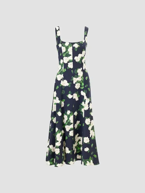 Carolina Herrera Cabana Floral Squareneck Sleeveless Cotton-blend Midi-dress - Midnight Multi
